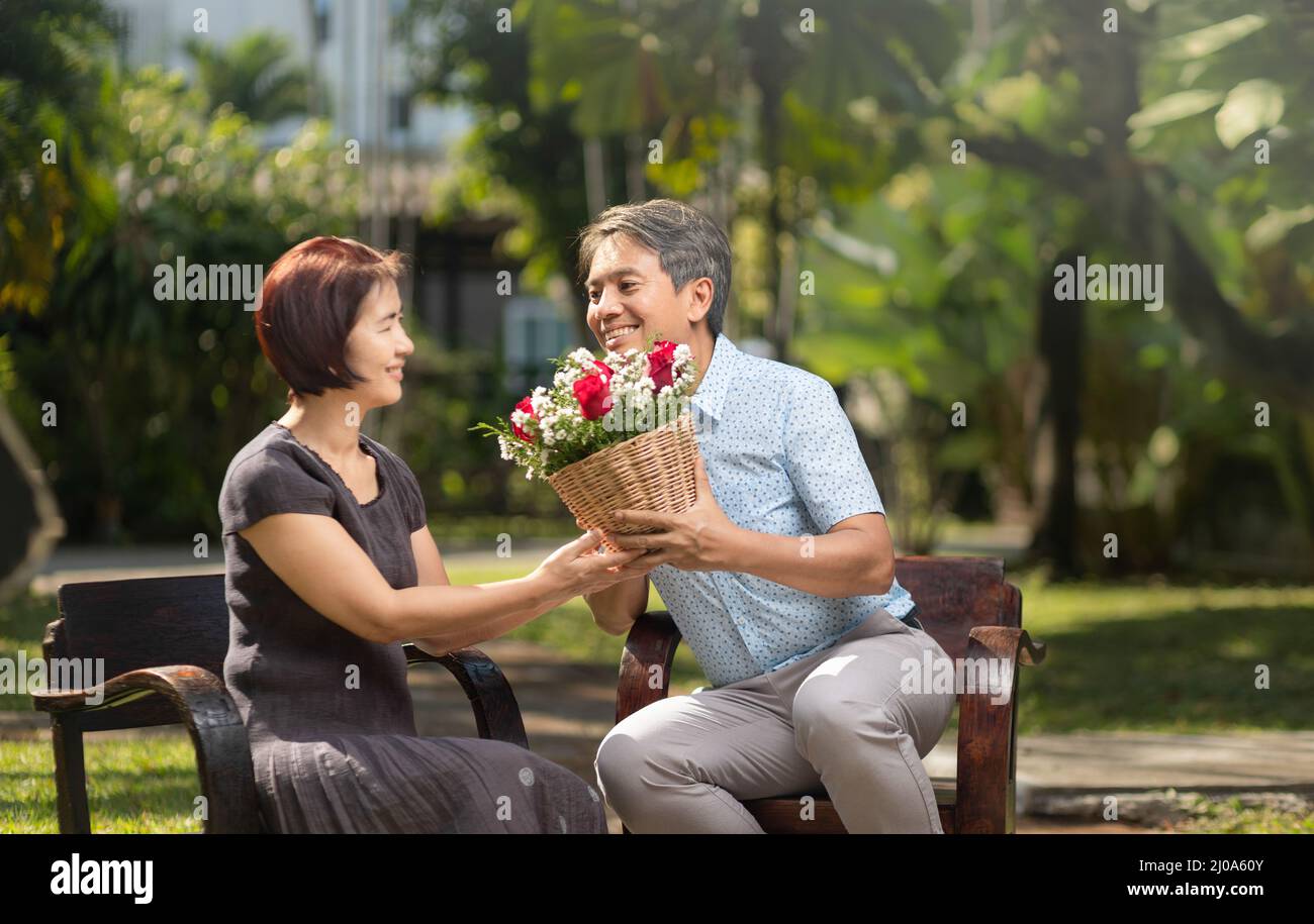 Asian Middle Aged Man Gives A Rose To His Wife In Valentine Day Stock