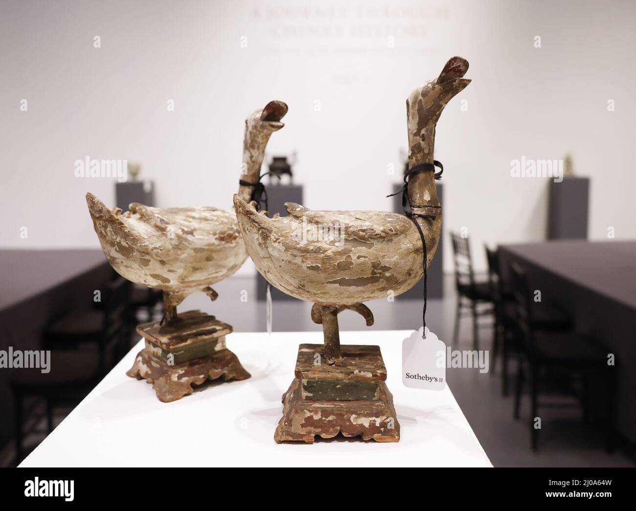 New York, USA. 18th Mar, 2022. A pair of carved polychrome wood figures ...