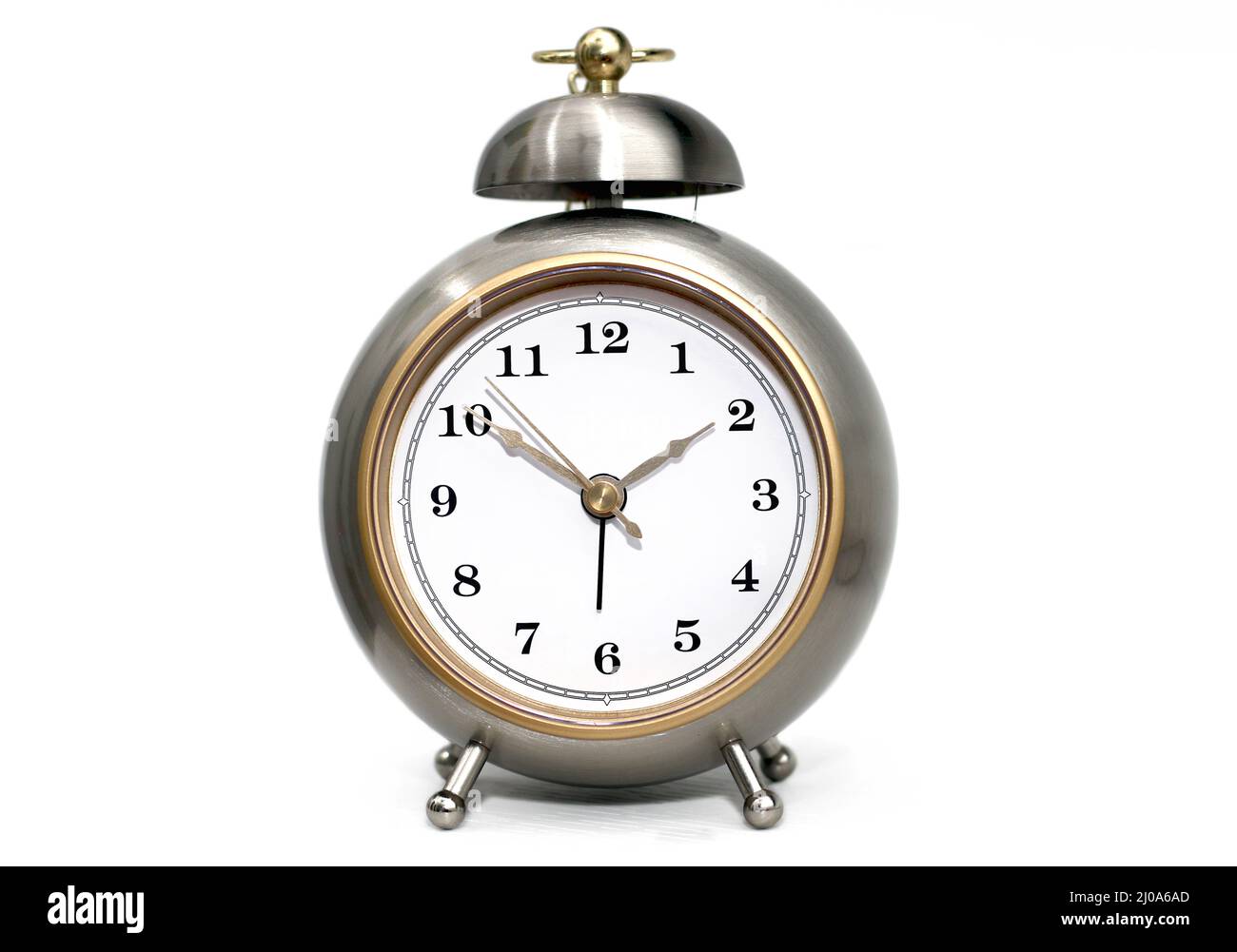 Metallic alarm clock with single bell on white background Stock Photo ...