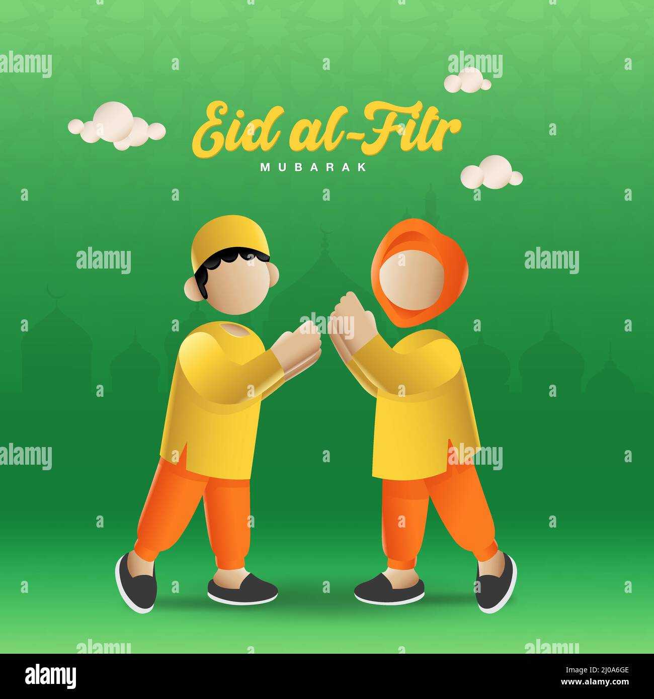 Eid al fitr mubarak greeting card. Cartoon muslim kids blessing Eid al ...