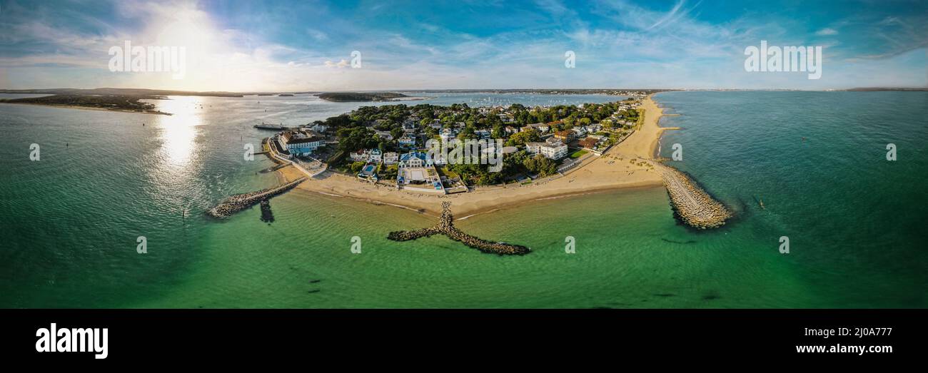Aerial view of Bournemouth town of Sandbanks peninsula with a crystal ...