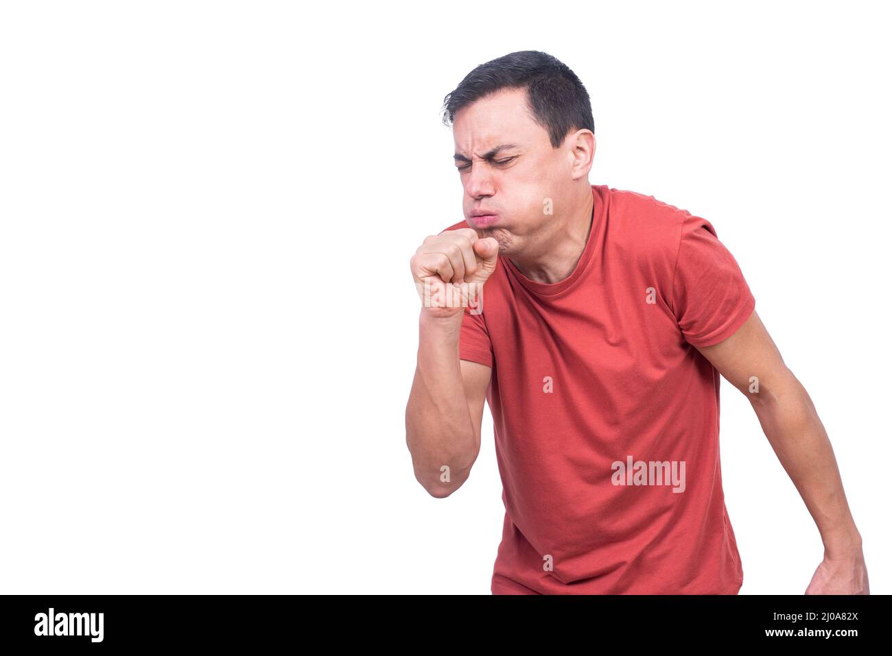 Male model demonstrating cough on white background Stock Photo - Alamy