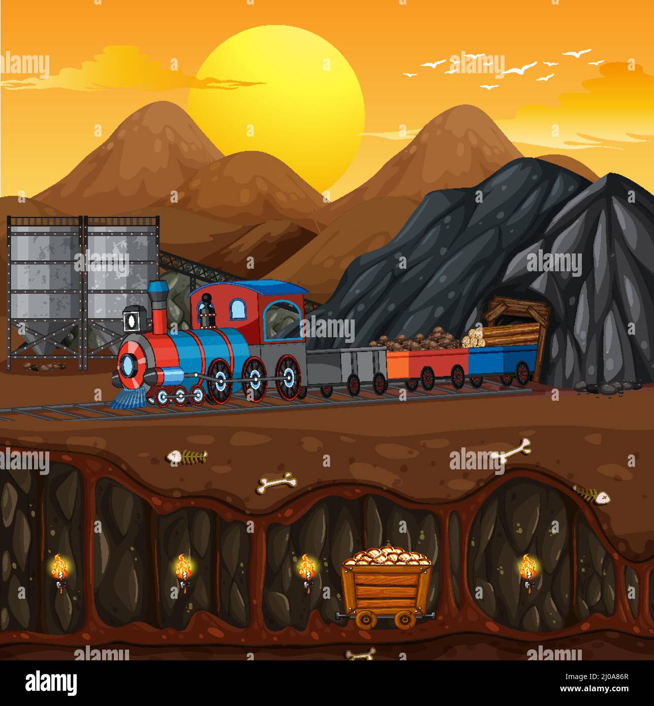 Outdoor scene with a steam locomotive train illustration Stock Vector ...