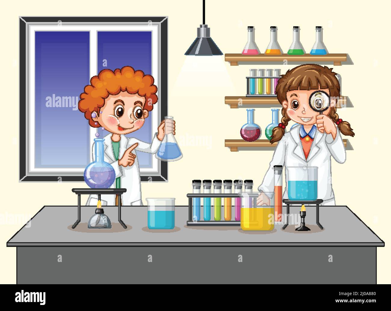 Scientist kids in laboratory room background illustration Stock Vector ...
