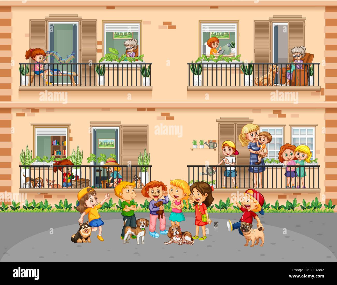 Apartment windows with neighbors cartoon character illustration Stock ...