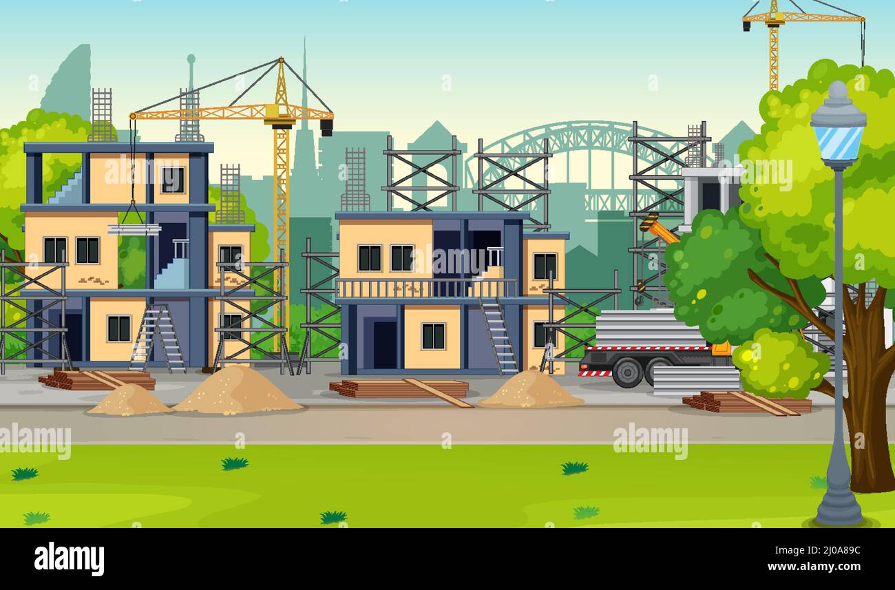 Cartoon scene of building construction site illustration Stock Vector ...