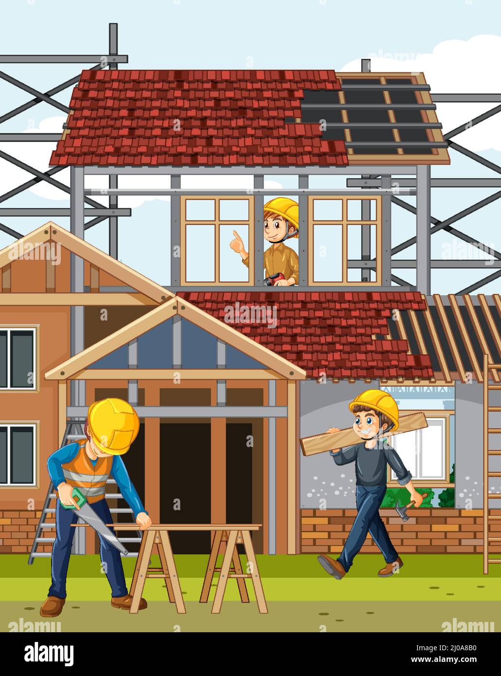 Cartoon scene of building house construction site illustration Stock ...