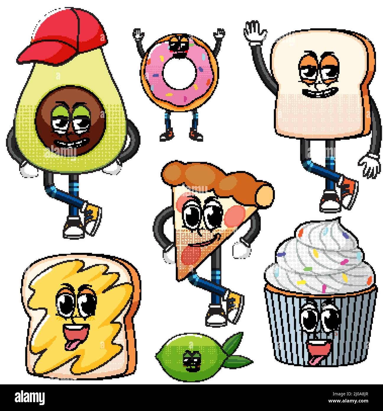 Set of facial expression with vintage style food cartoon on white ...