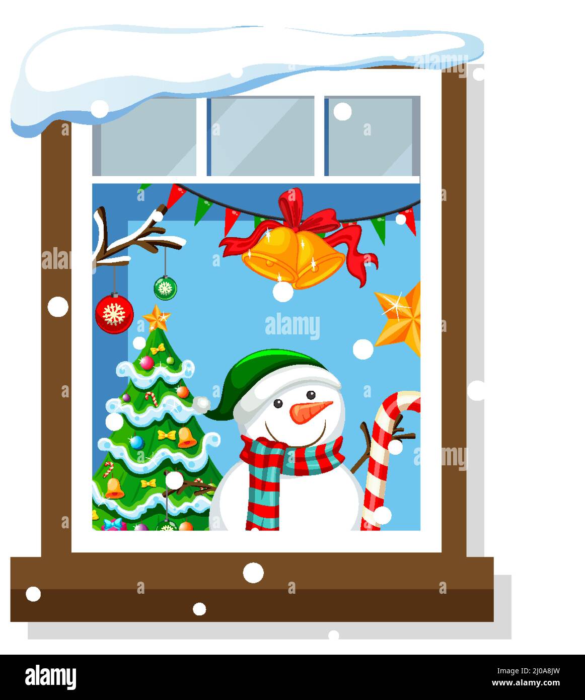 View through the window of cartoon character in Christmas theme ...