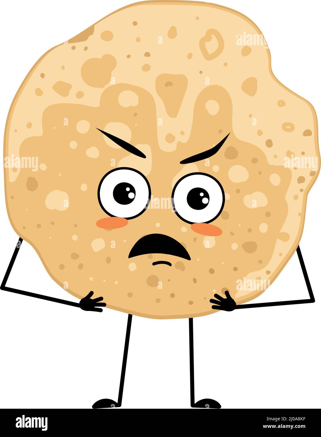 Pancake character with angry emotions, grumpy face, furious eyes, arms ...
