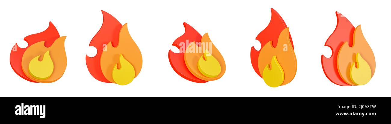 Set of 3d fire icon isolated on a white background. 5 different angle ...
