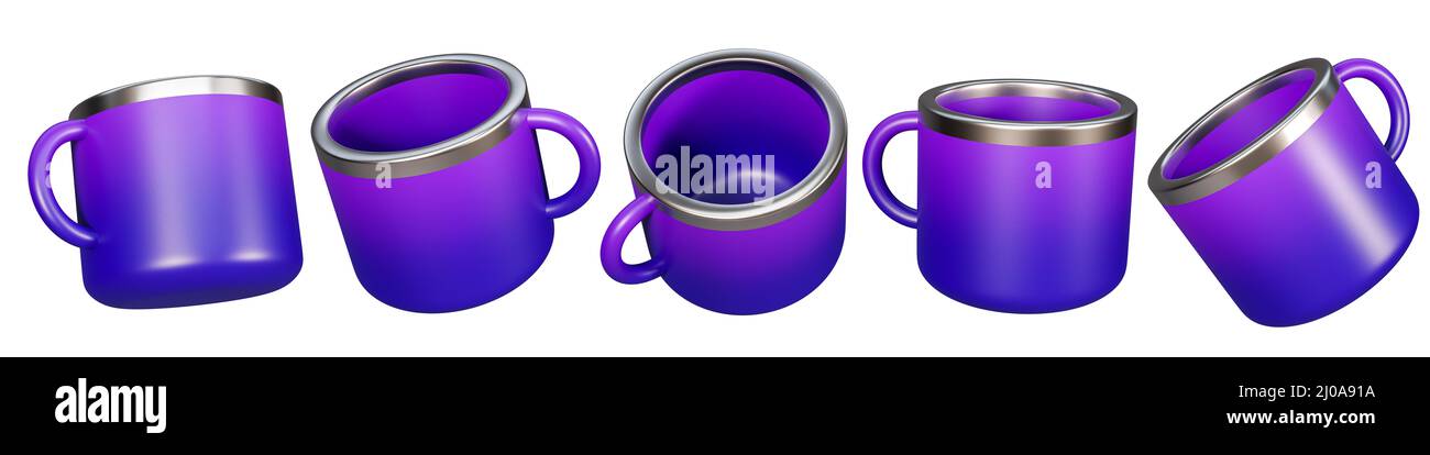 Set of 3d purple mug icon isolated on a white background. 5 different ...
