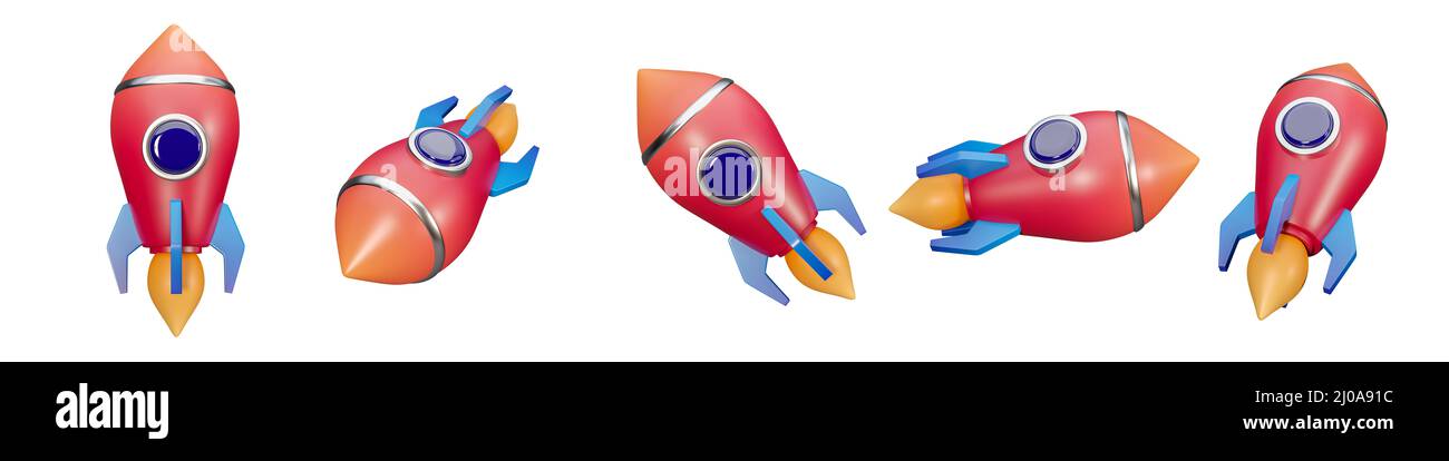 3d flying rocket icon isolated on a white background. 5 different angle ...