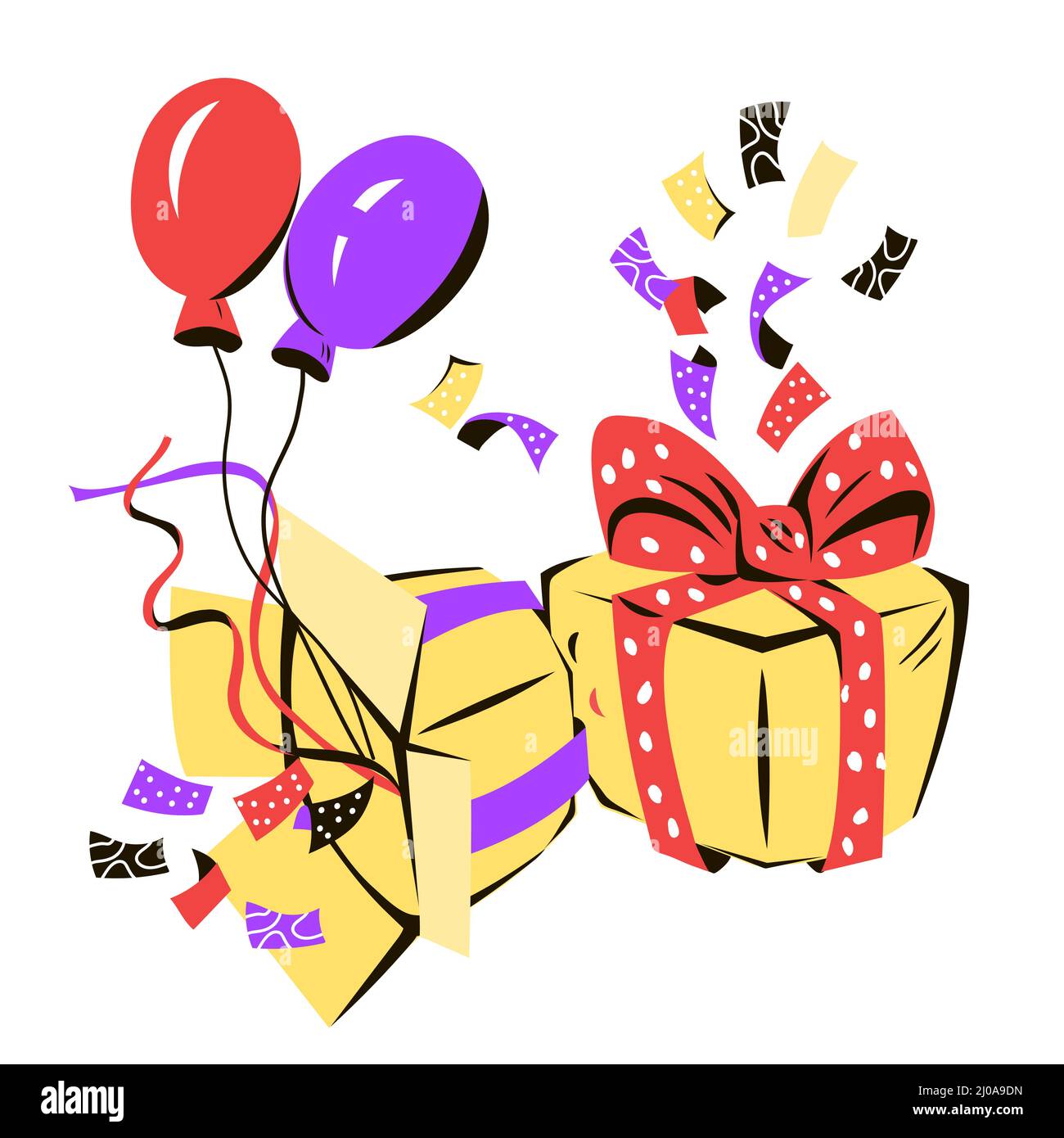 Gift boxes with balloons, surprise and holiday present, award or bonus ...