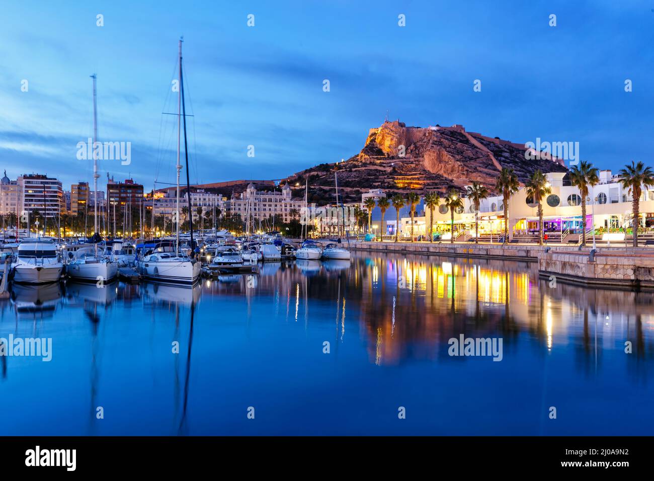 Alicante Port d'Alacant marina with boats and view of castle Castillo ...