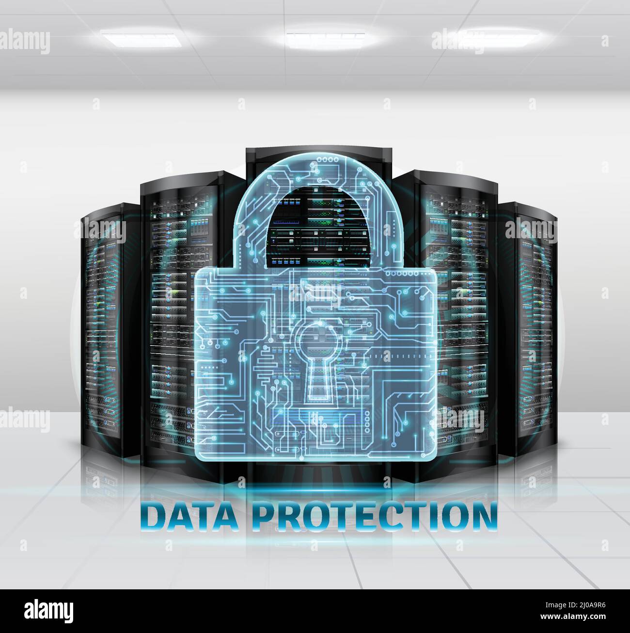 Cloud storage safety data protection realistic composition with padlock ...
