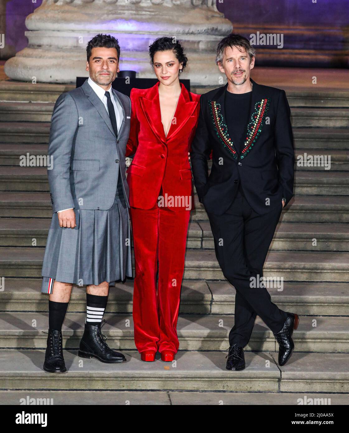 London, UK. 17th Mar, 2022. (L-R) Oscar Isaac, May Calamawy, and Ethan ...