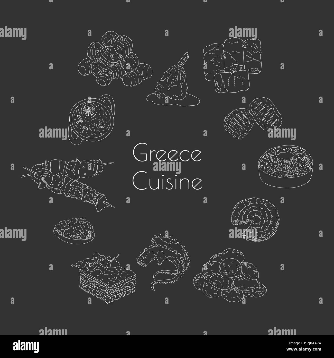 Hand drawn traditional Greece cuisine dish and desserts set. Design ...