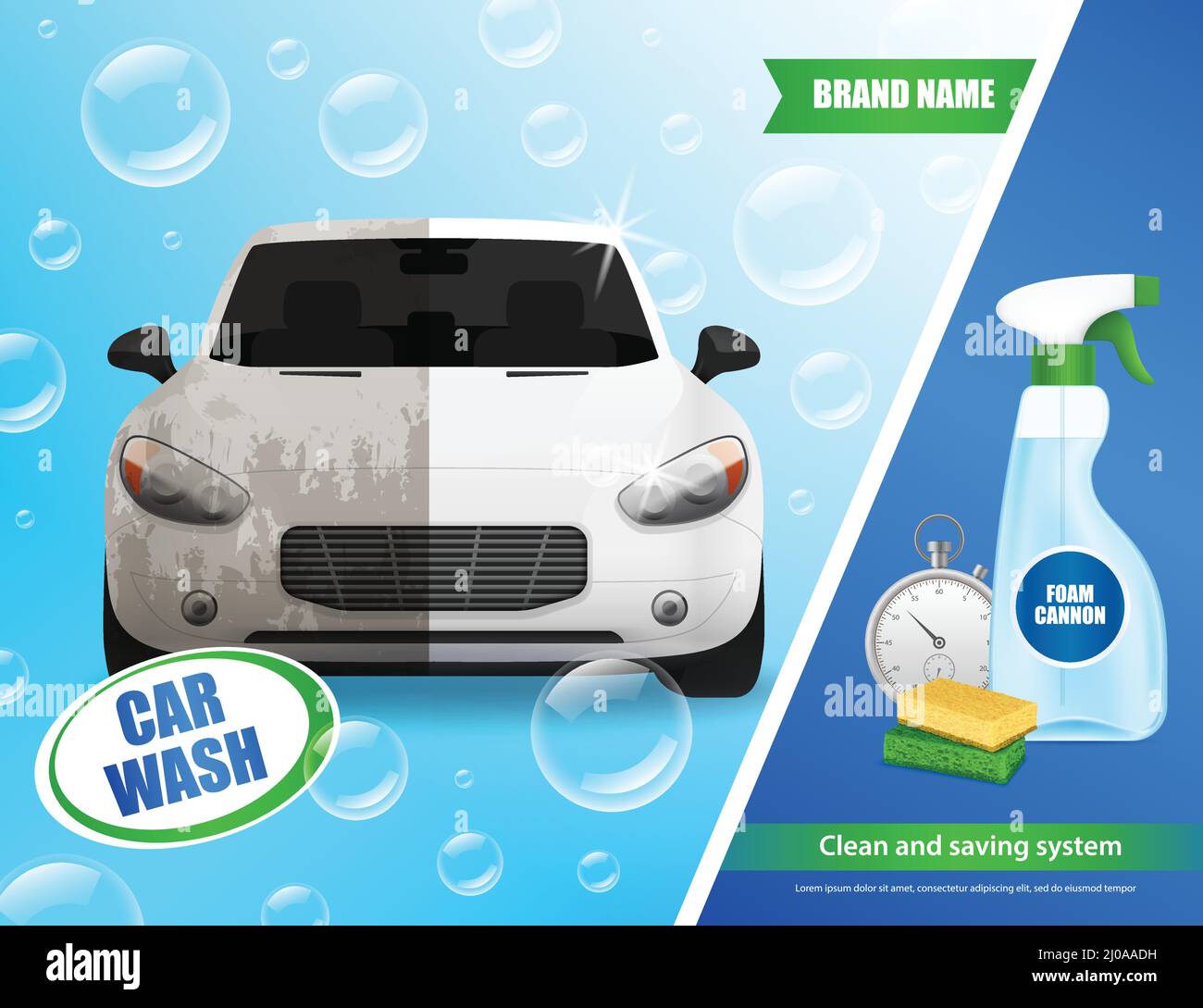 Car wash products realistic advertisement poster with auto in soap ...