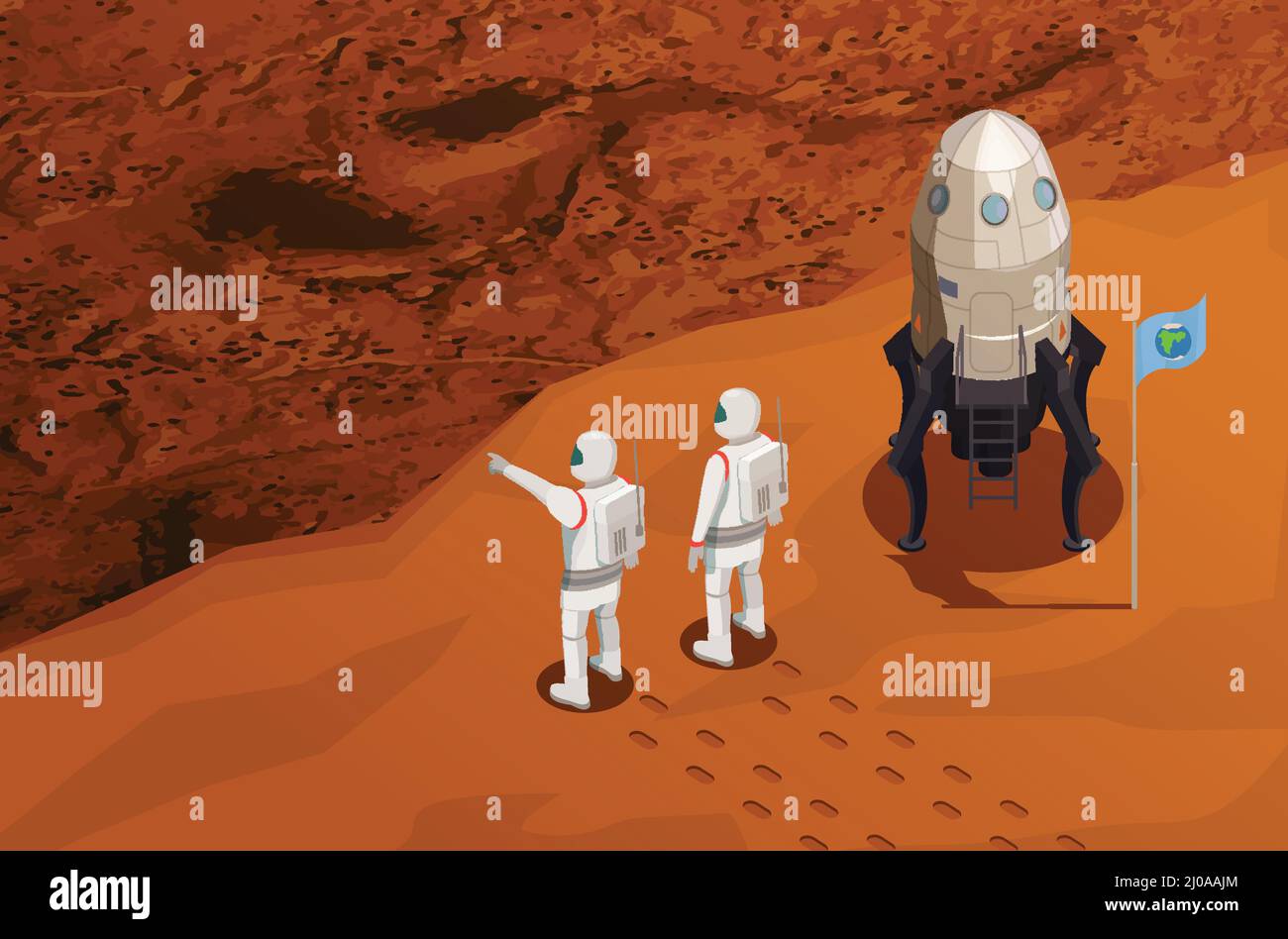 Mars exploration isometric poster with two astronauts near space ship ...
