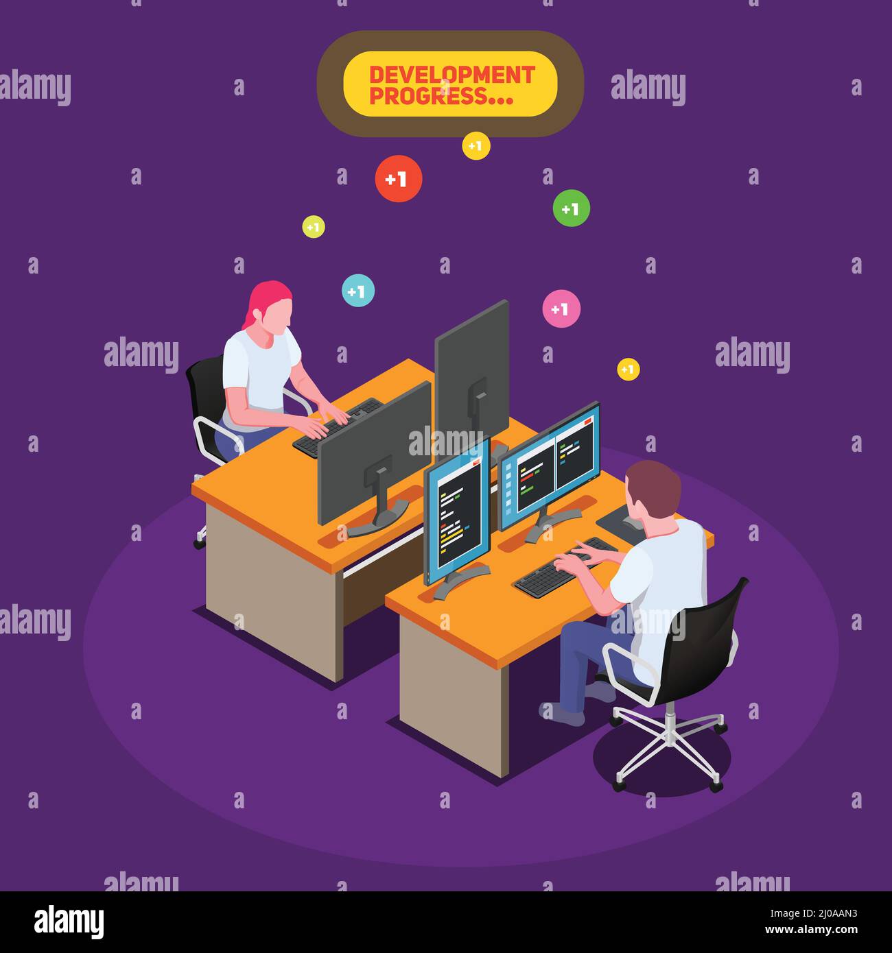 Game development isometric background with male and female developers ...