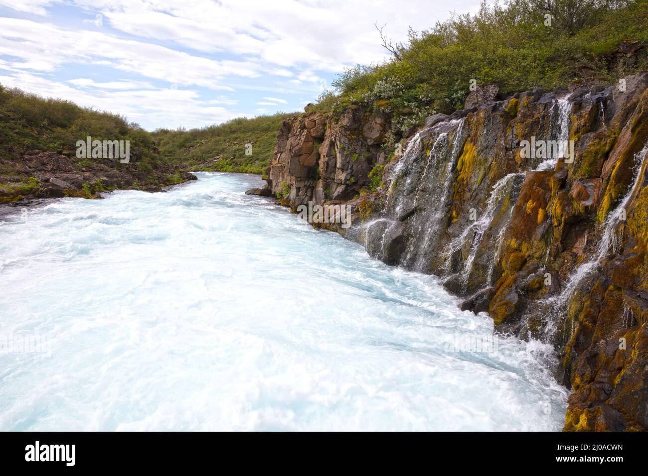 Blue river waterfall in Iceland, downstream the Bruarfoss Stock Photo ...