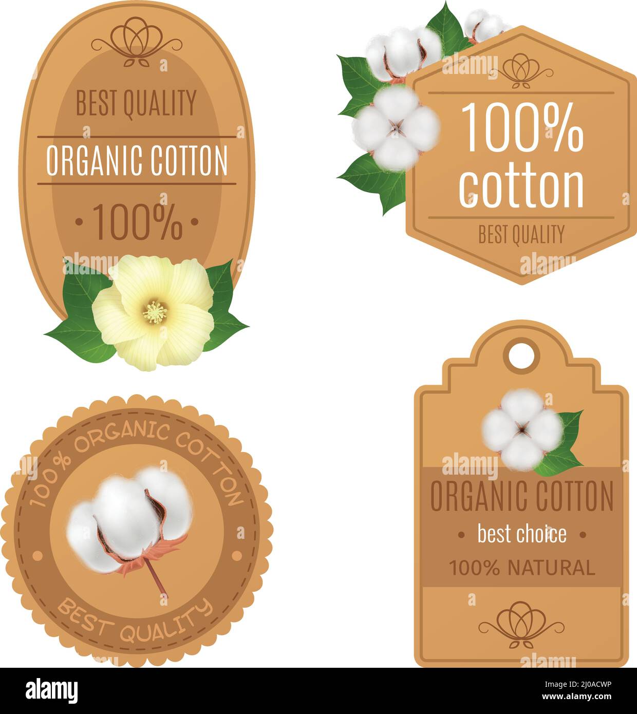Four cotton emblems labels realistic transparent icon set with best ...