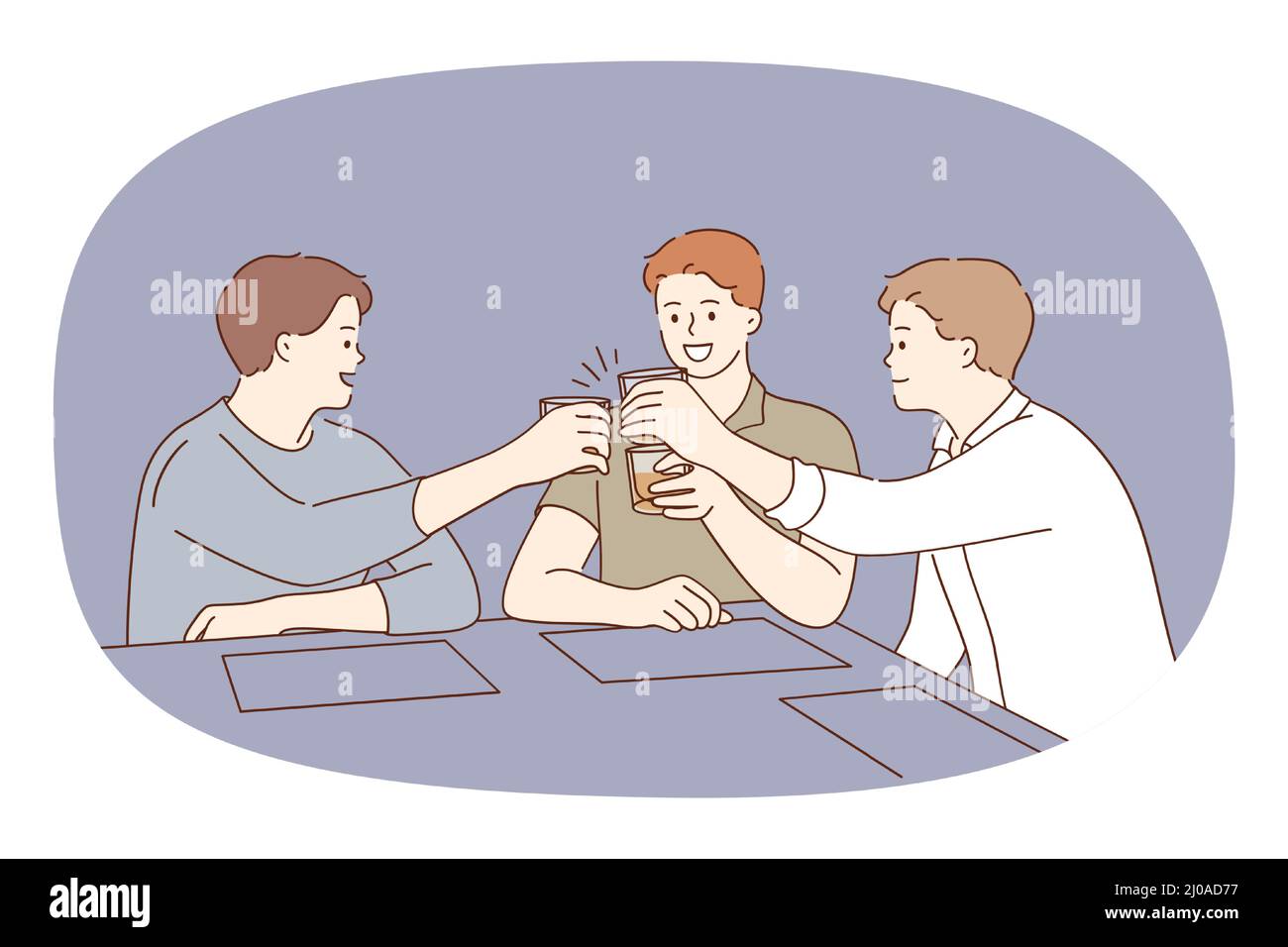 Happy guys at table in bar cheers with glasses celebrate have friday ...