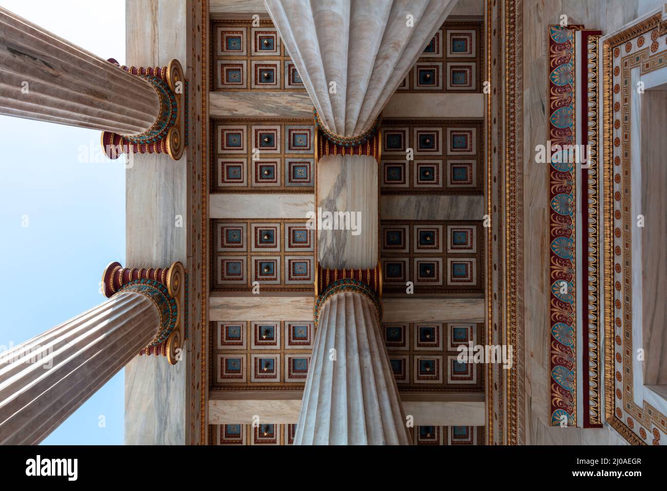 Athens Academy entrance ceiling under view. Greece. Classic column ...