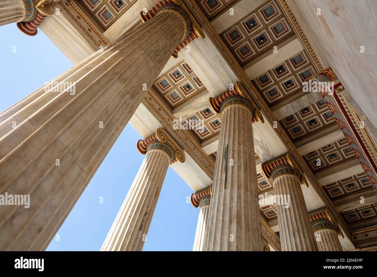 Athens Academy entrance ceiling under view. Greece. Classic column ...