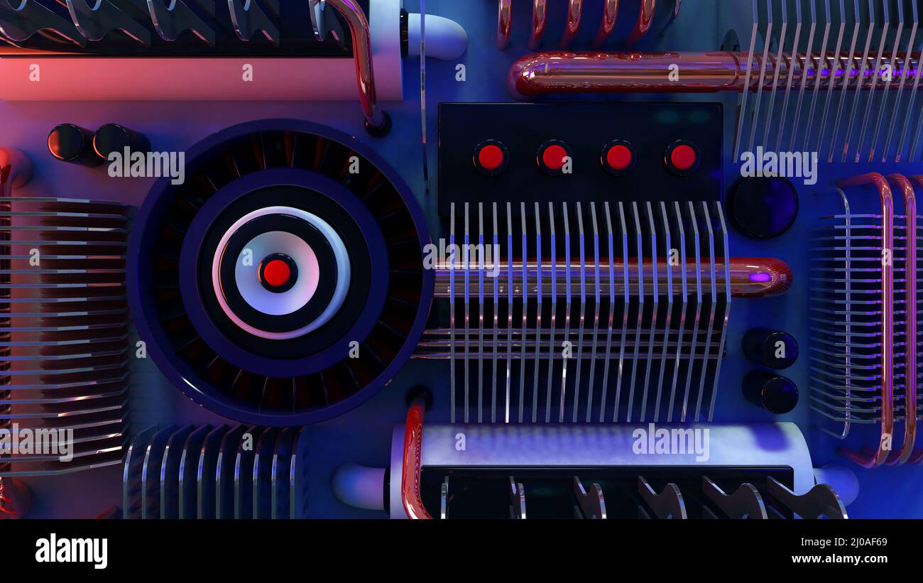 Abstract technology motherboard with radiators, processor and buttons ...