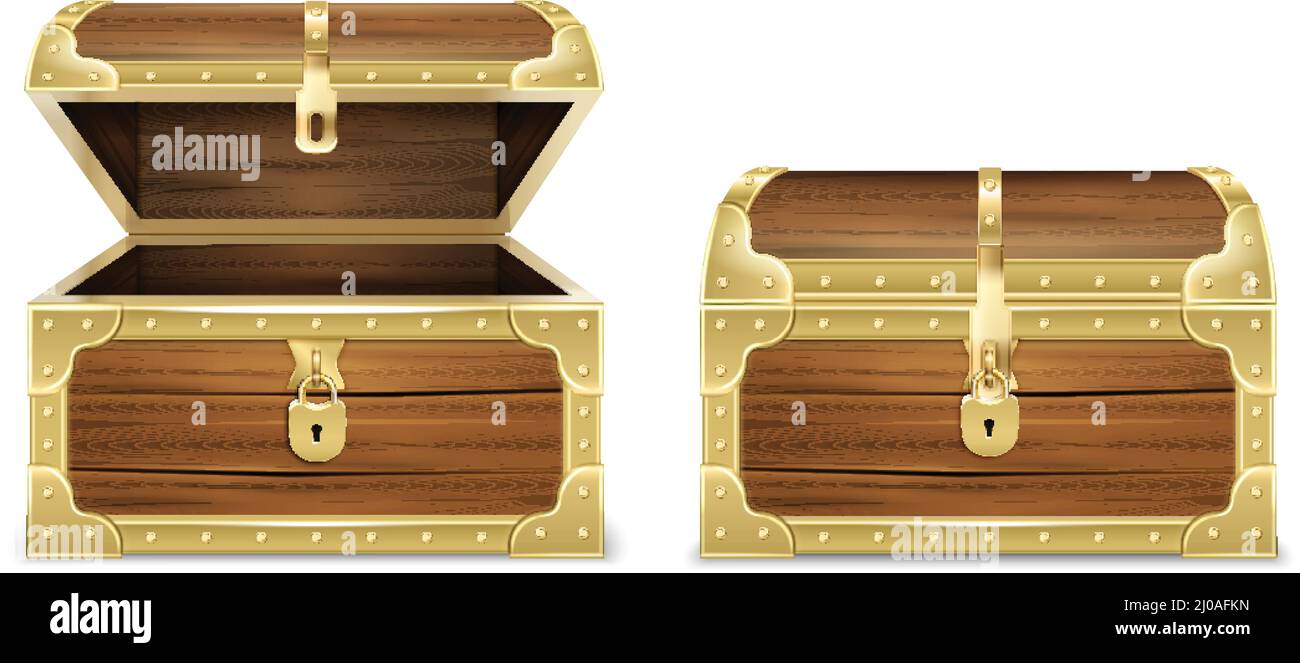 Wooden chest realistic set with images of opened and closed empty ...