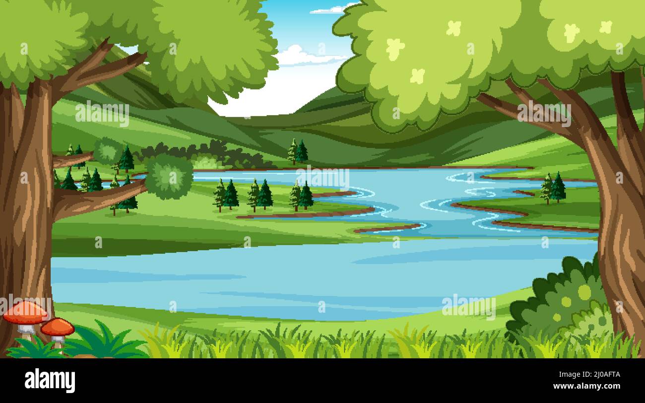 Nature scene with many trees and lake illustration Stock Vector Image ...