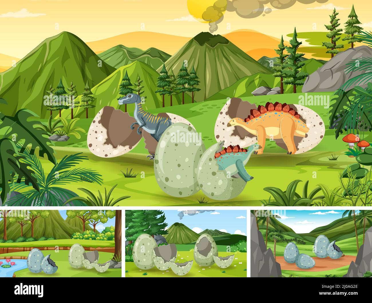 Different prehistoric forest scenes with dinosaur cartoon illustration ...