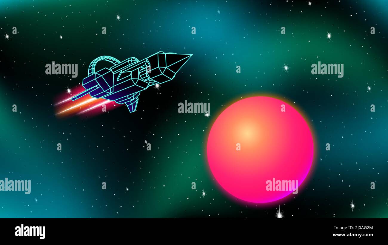 Space ship near the red sun retro sci-fi illustration. 80s styled ...