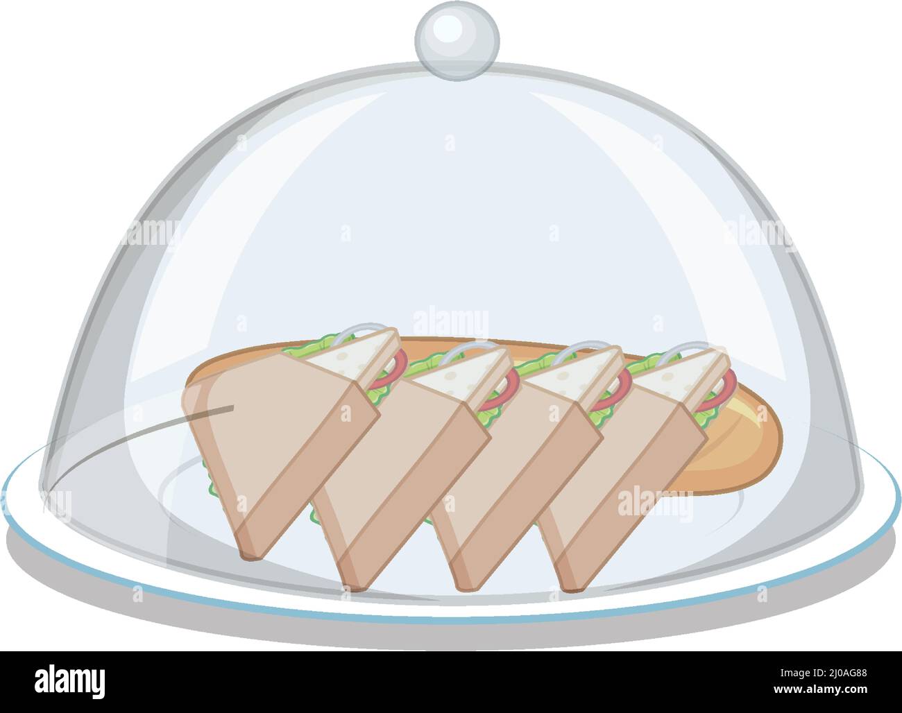 Sandwich on round plate with glass cover on white background ...
