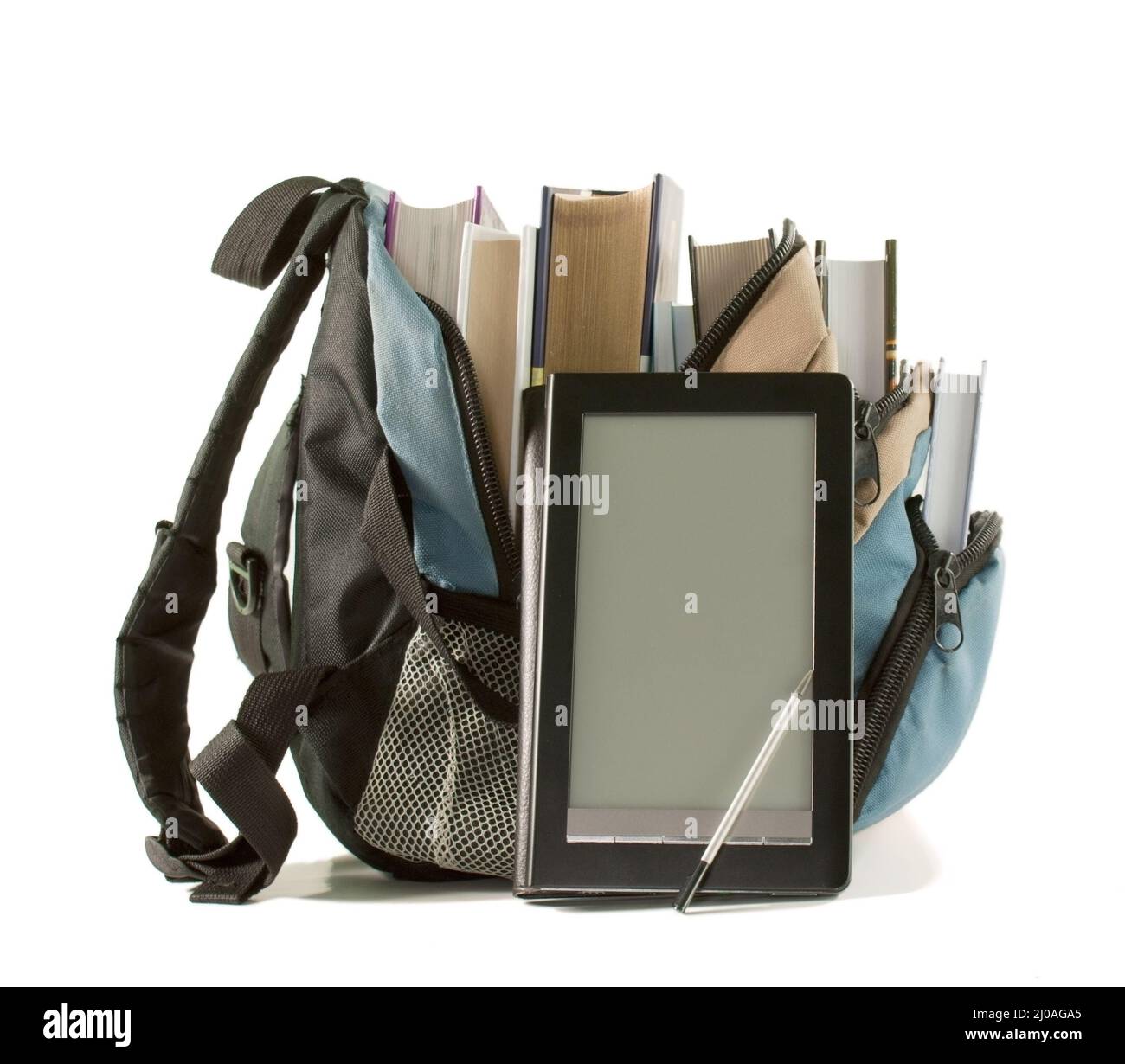 Electronic book with books in backpack on white Stock Photo - Alamy