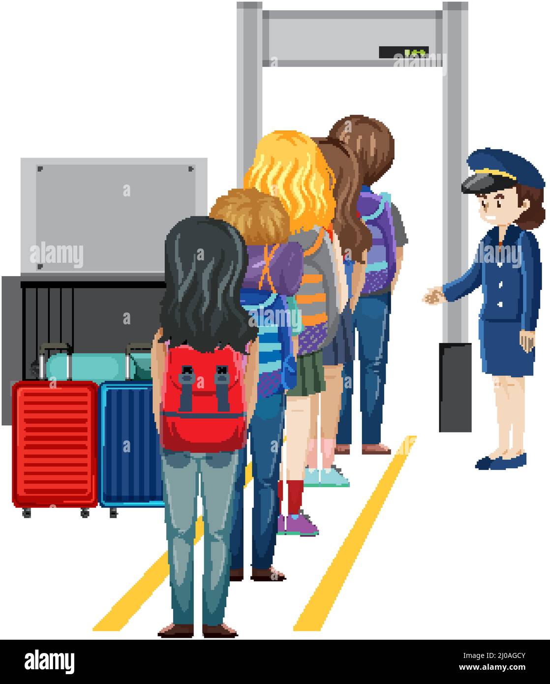 Airport security check with passengers walking through body scanner ...