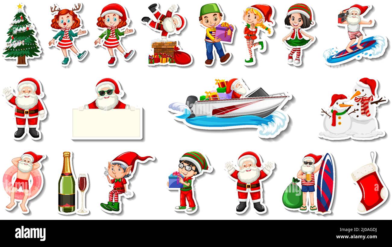Set of Christmas objects and cartoon characters illustration Stock ...