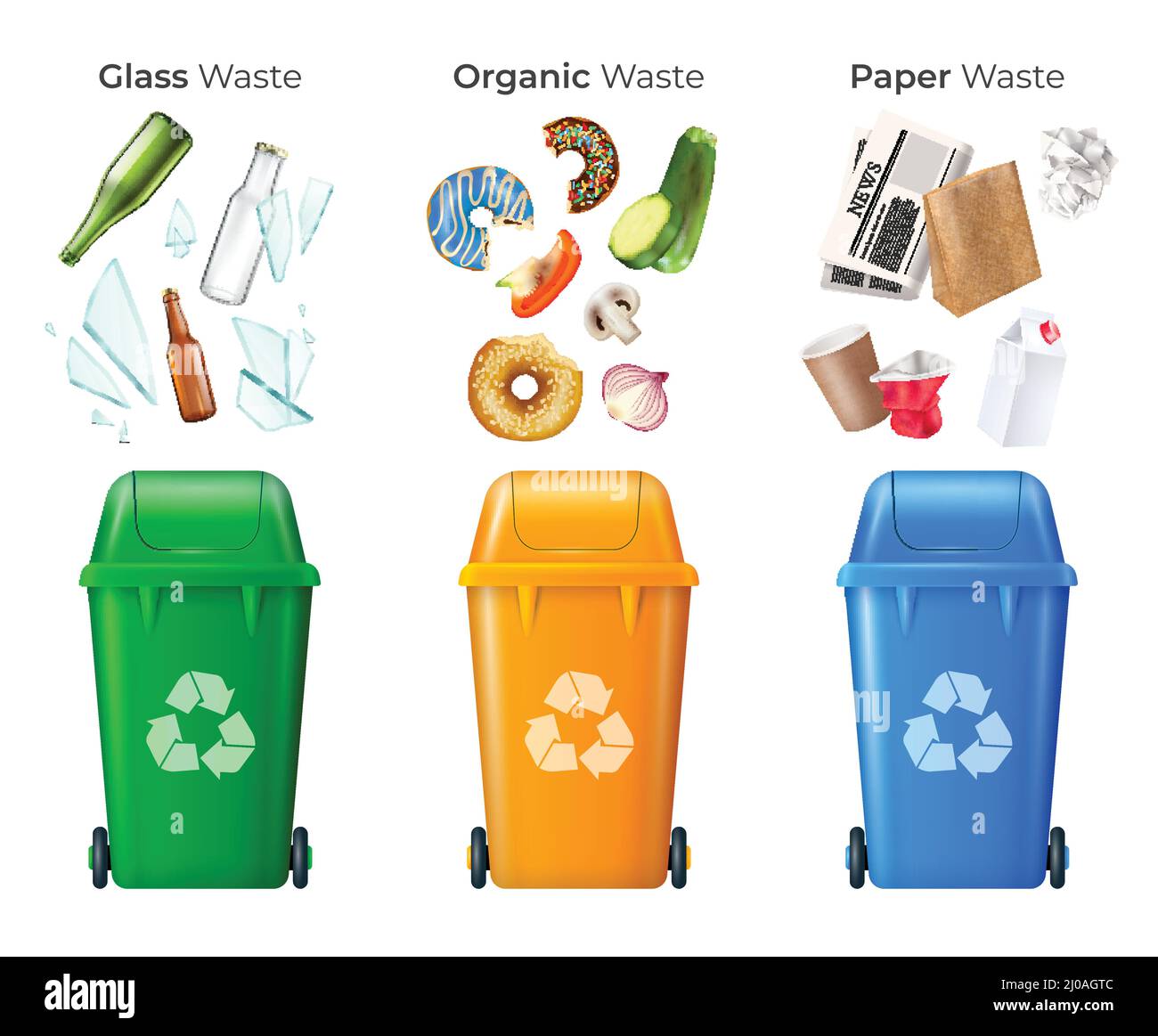 Trash and recycling set with glass and organic waste realistic isolated ...