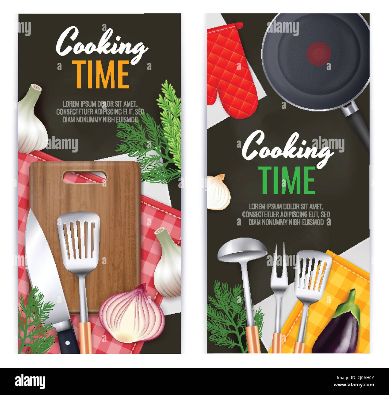 Kitchen utensils vertical banners set with cooking time symbols ...