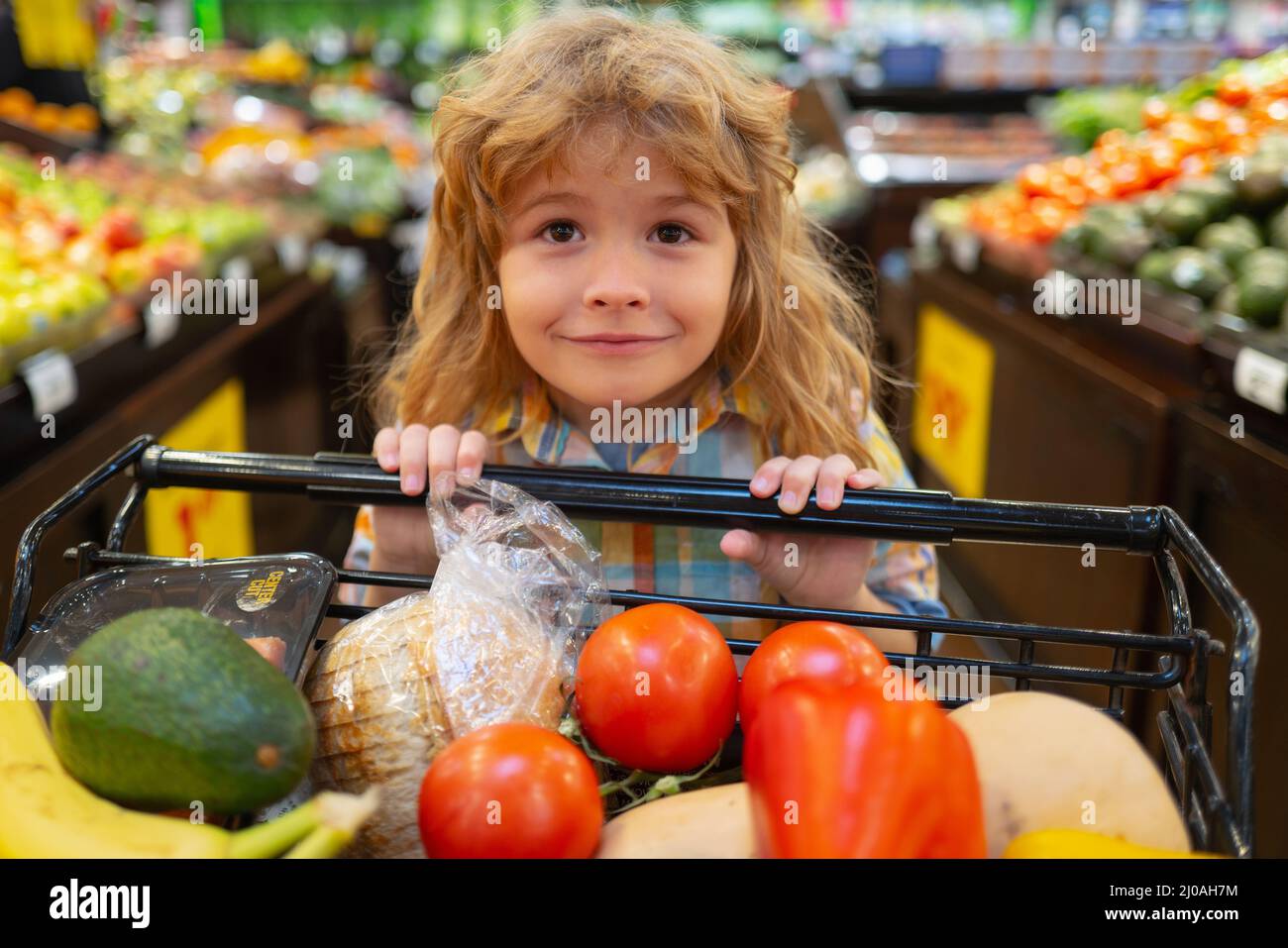 Closeup portrait of child shopping in supermarket. Shopping cart ...