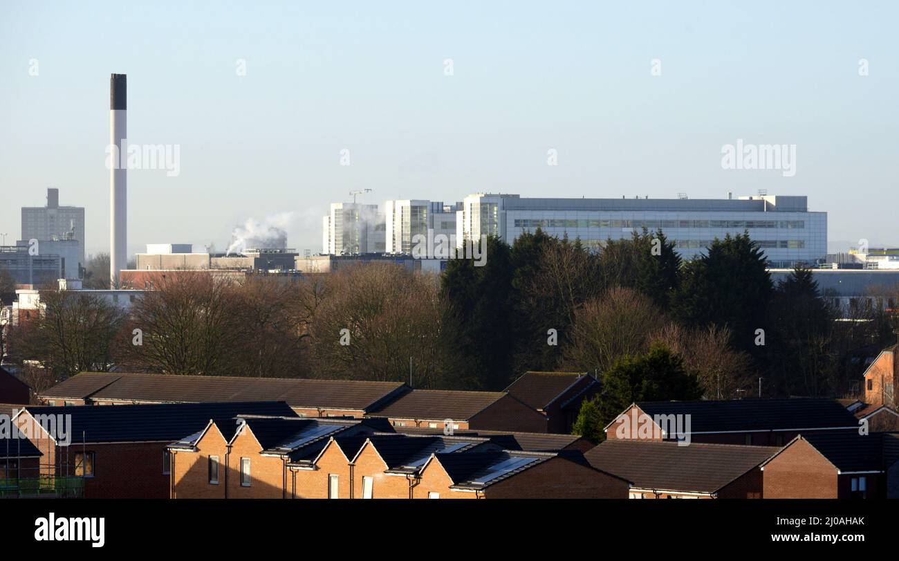Manchester, UK. 18th March, 2022. At left is the chimney at Manchester ...