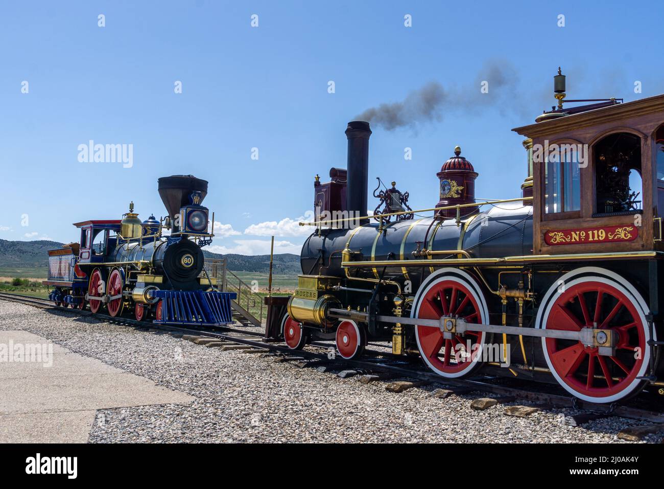 Old train on the railroad in the Golden Spike National Historical Park ...
