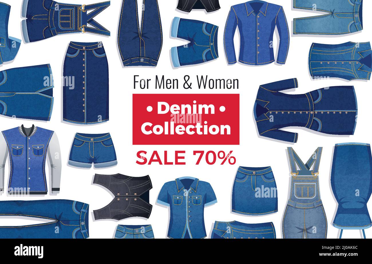 Advertising layout of sale with discount of denim clothing on white ...