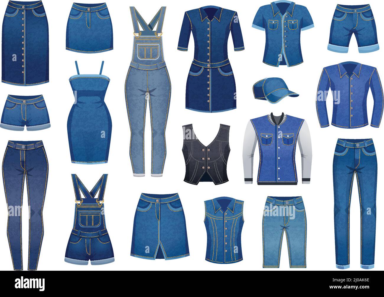 Modern denim clothing for men and women set of icons isolated on white ...