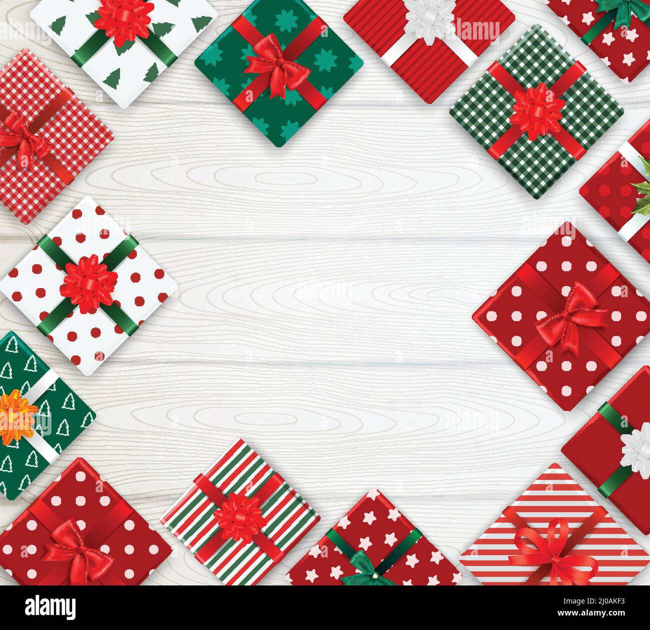 Realistic background with decorated christmas boxes pattern on white ...