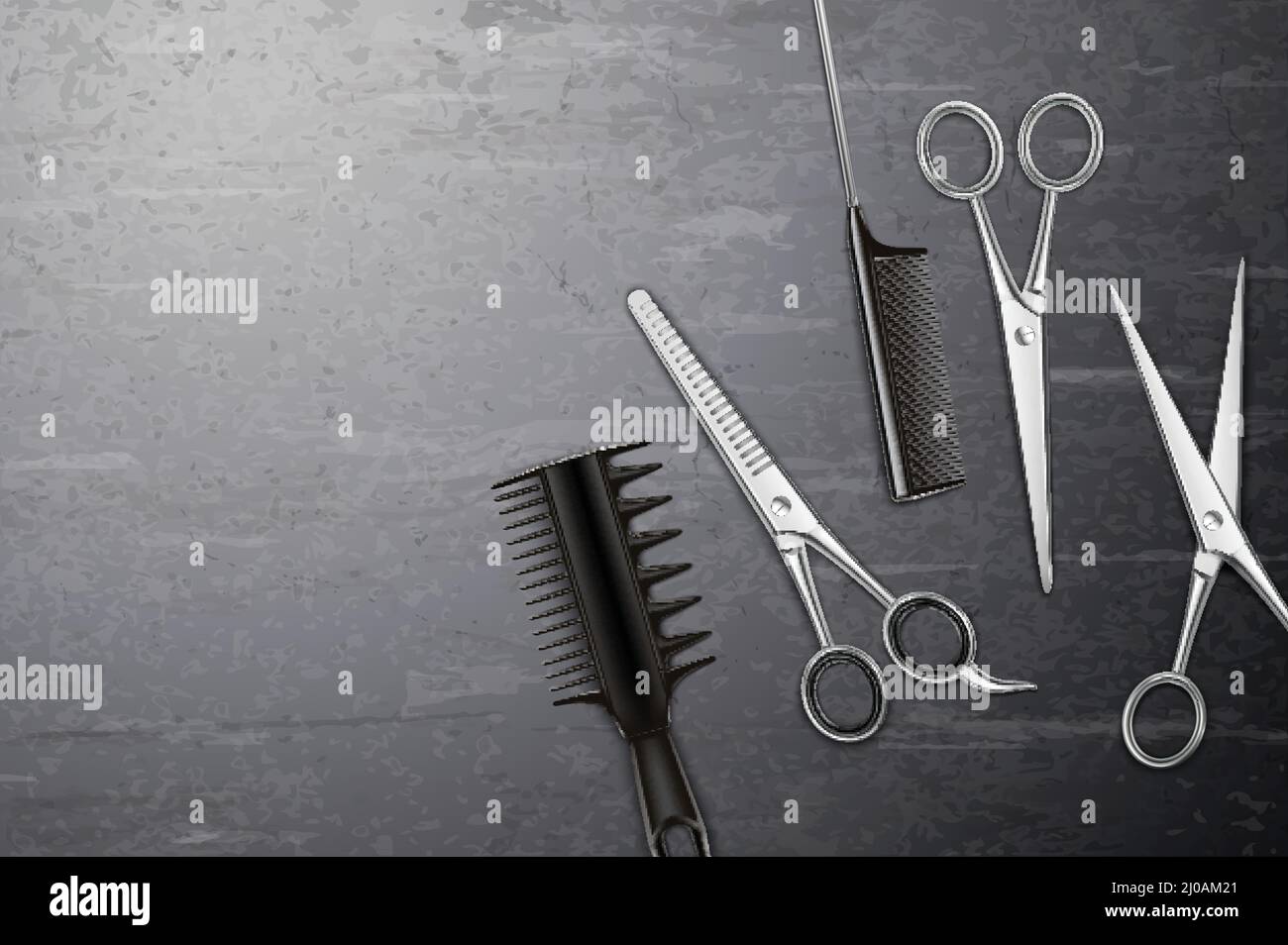 Hairdress tools background with comb and scissors on table realistic ...
