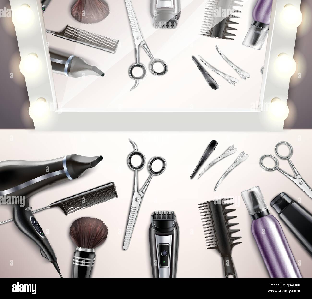 Hairdress tools for hairstyle and haircut top view realistic vector ...