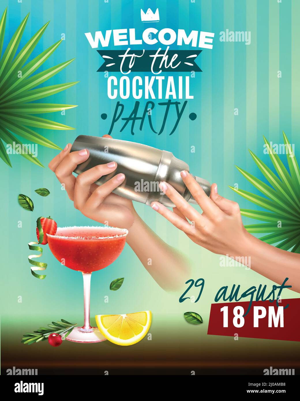 Realistic cocktail party colorful poster with bartender hands making ...